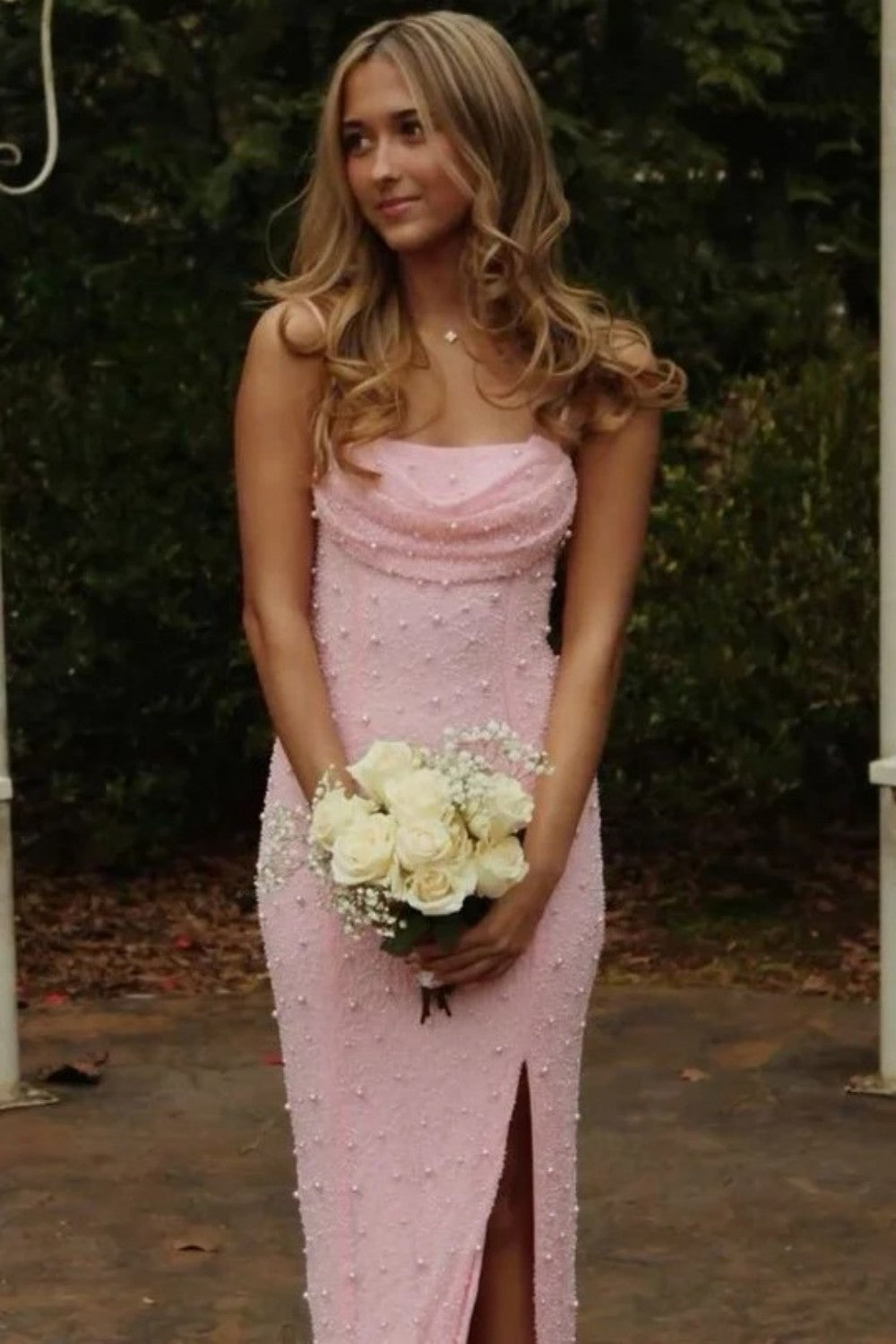 Furlla Women Classic Blush Pink Spaghetti Straps Pearls Prom Gown with ...