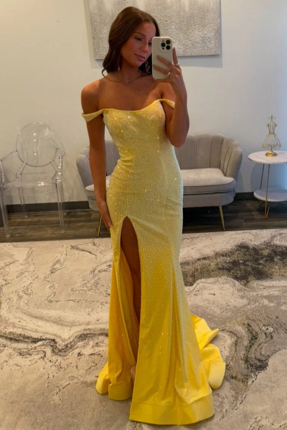 Furlla Women Sparkling Yellow Off Shoulder long Beaded Formal Prom ...