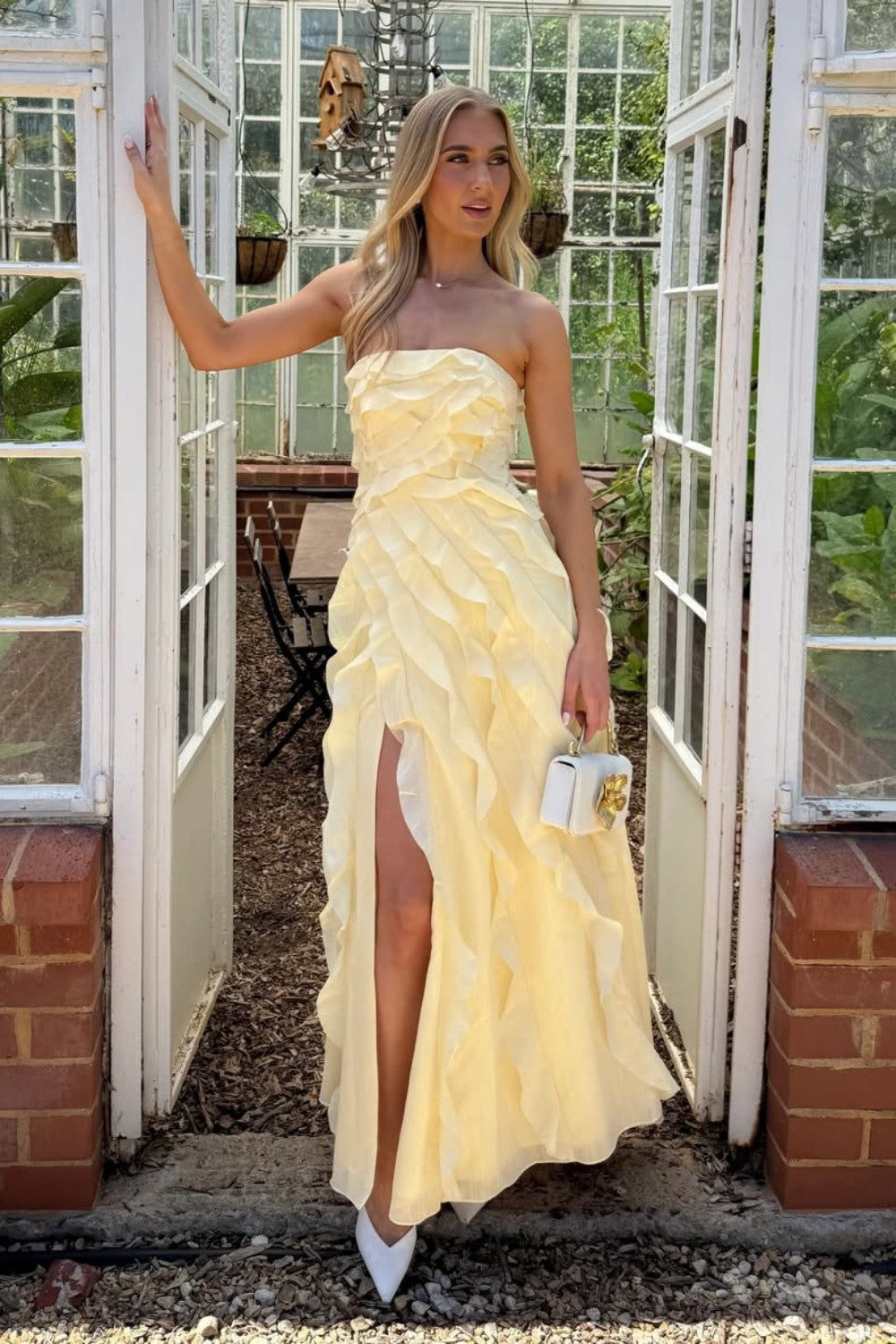 Furlla Women Yellow Strapless Ruffle Chiffon High Slit Long Prom Dress ...